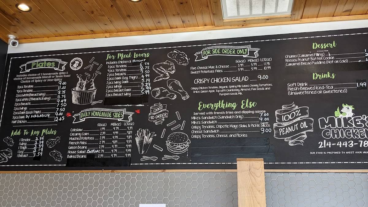 Menu at Mike's Chicken restaurant, Dallas, Maple Ave