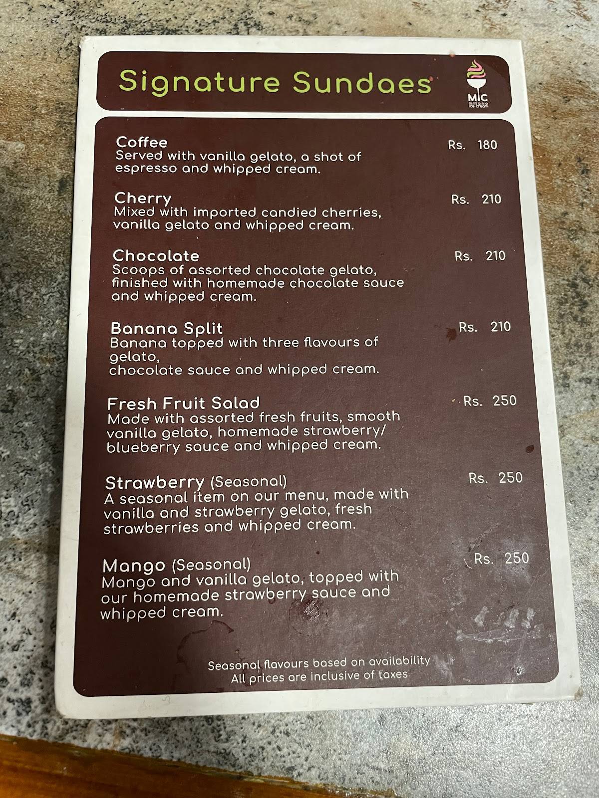 Menu at Milano Ice Cream - Indiranagar, Bengaluru