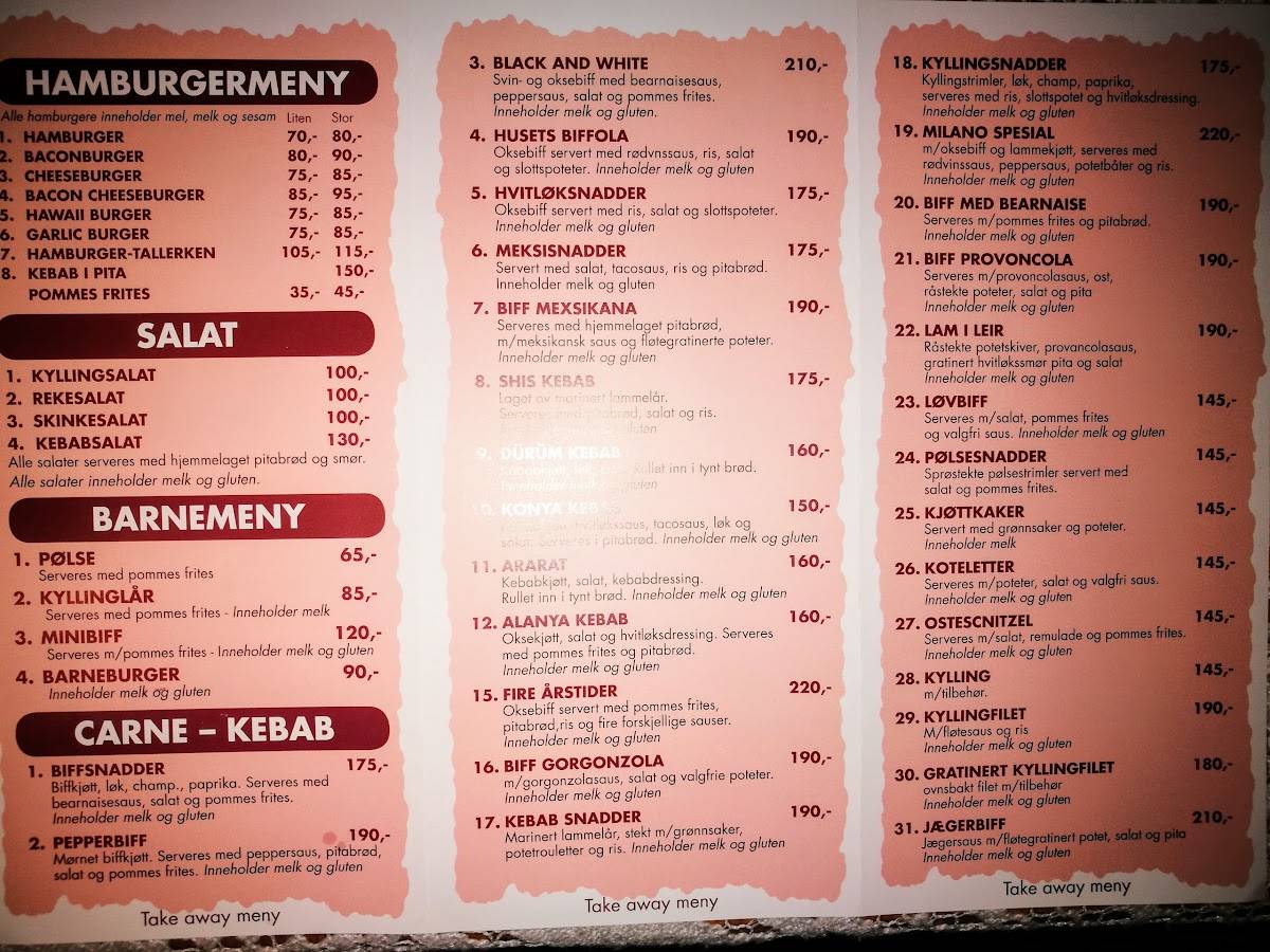 Menu at Milano mat og Vinhuset Akan Akcay pizzeria, Mosjøen