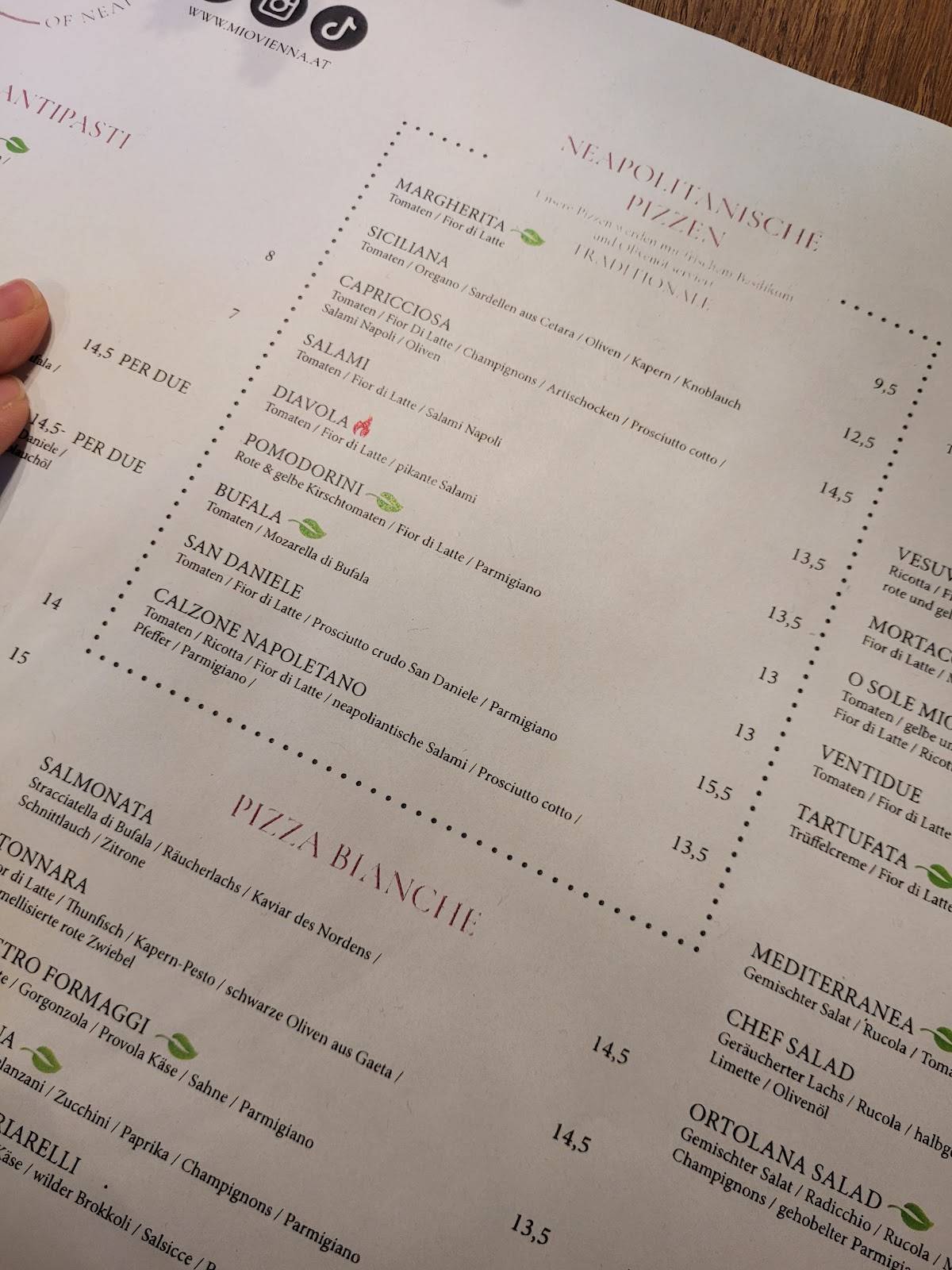Menu at Mio - A Piece of Neapel pizzeria, Vienna