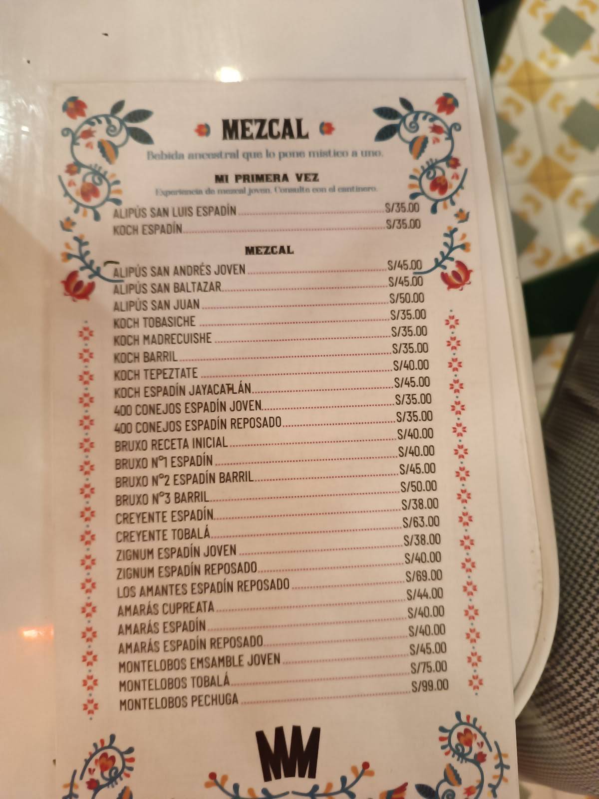 Carta del pub y bar Maria Mezcal, Miraflores