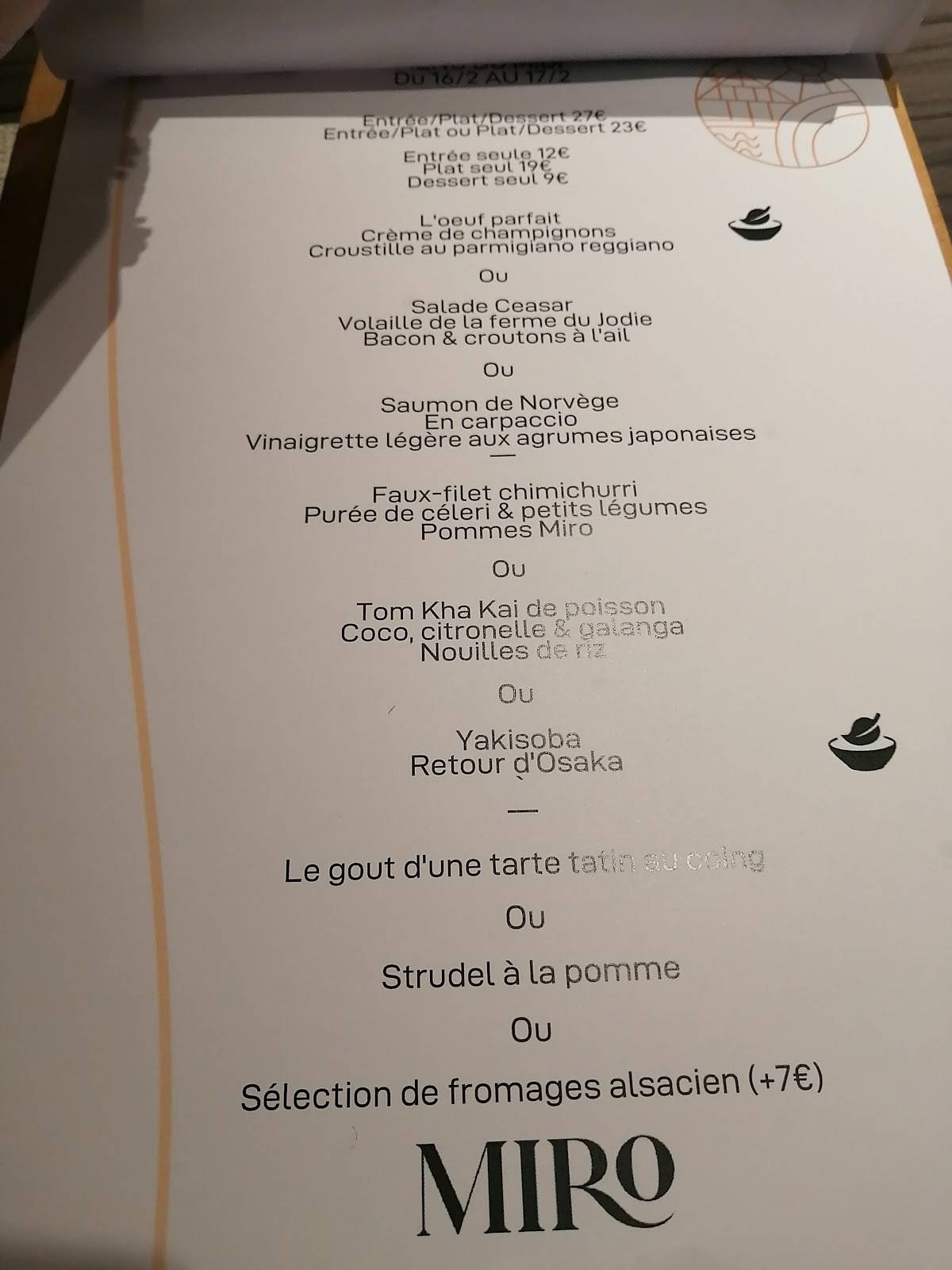 Menu au Miro restaurant, Ostwald