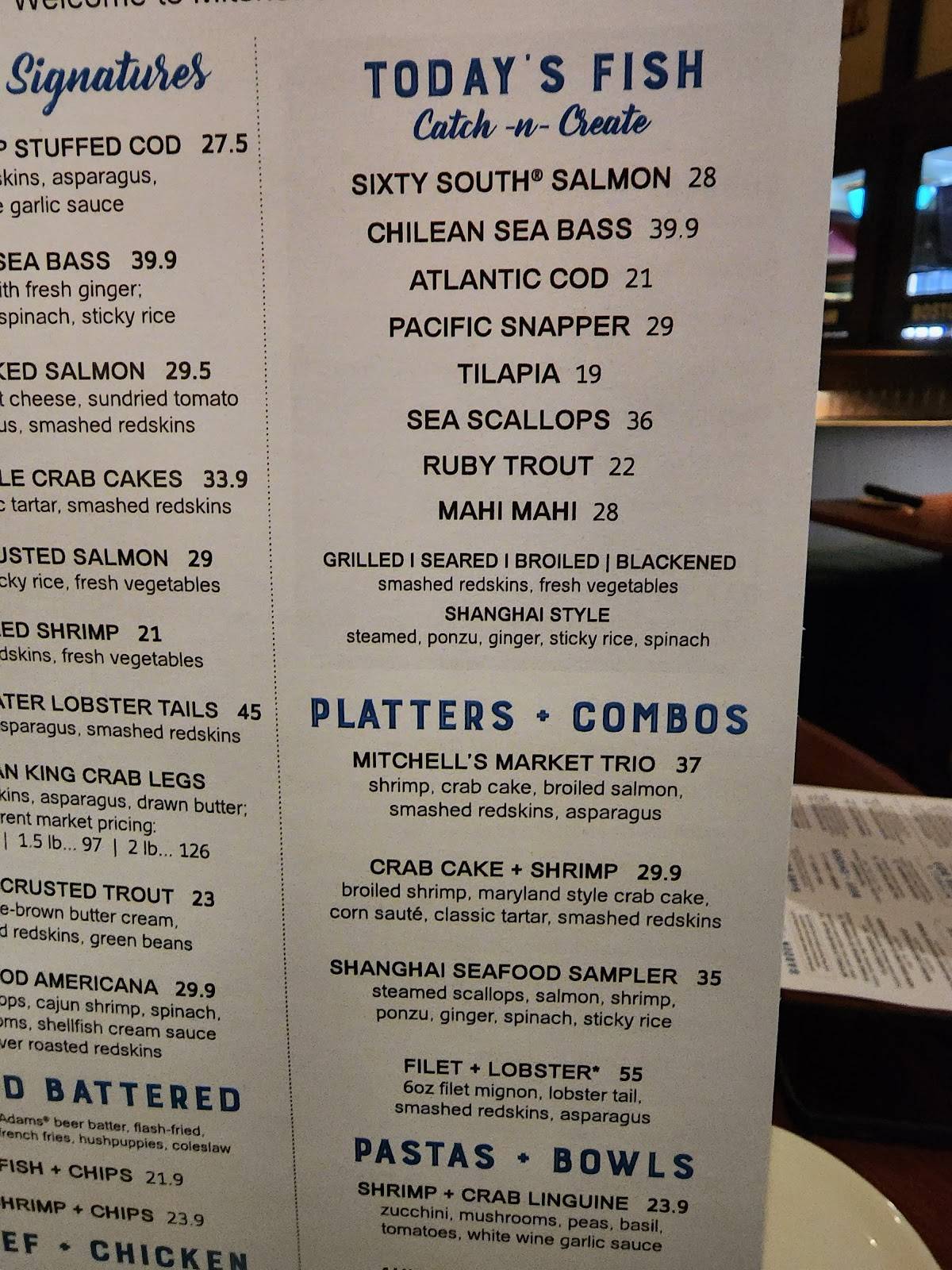 Menu at Mitchell's Fish Market restaurant, Louisville