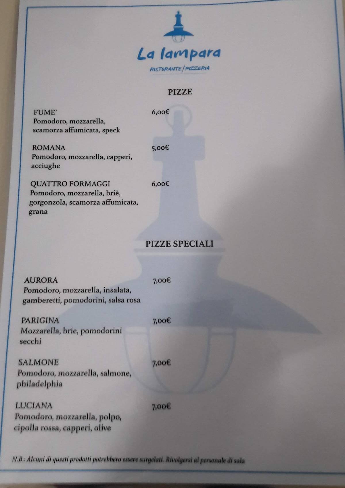 Menu at Ristorante Pizzeria La Lampara, Mola di Bari, Via Lungara Porto