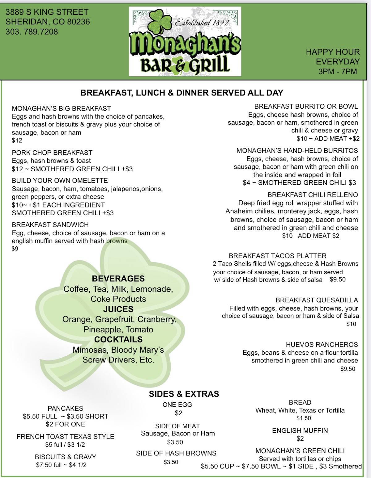 Menu at Monaghan's Bar and Grill, Denver