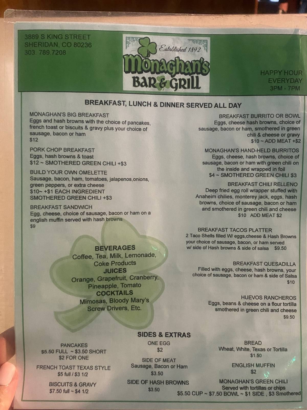 Menu at Monaghan's Bar and Grill, Denver
