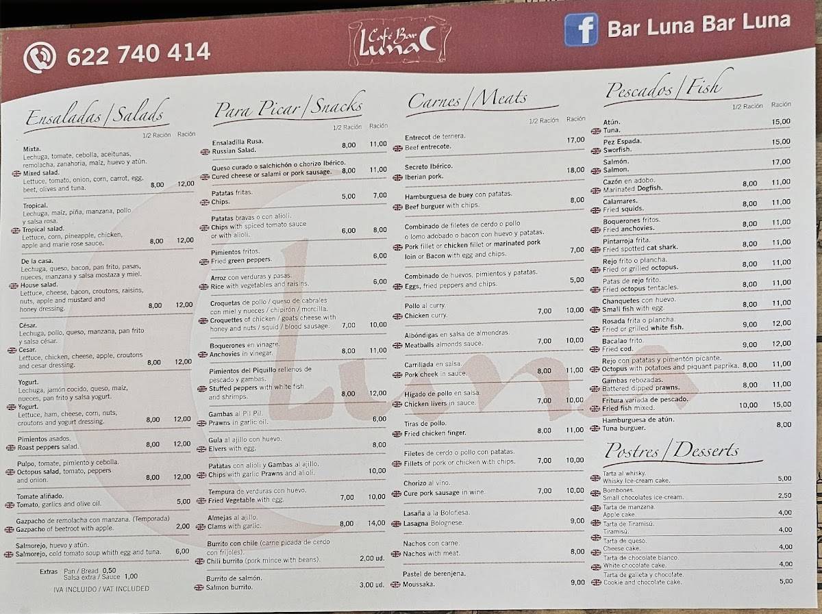 Carta de Café Bar Luna, Monda