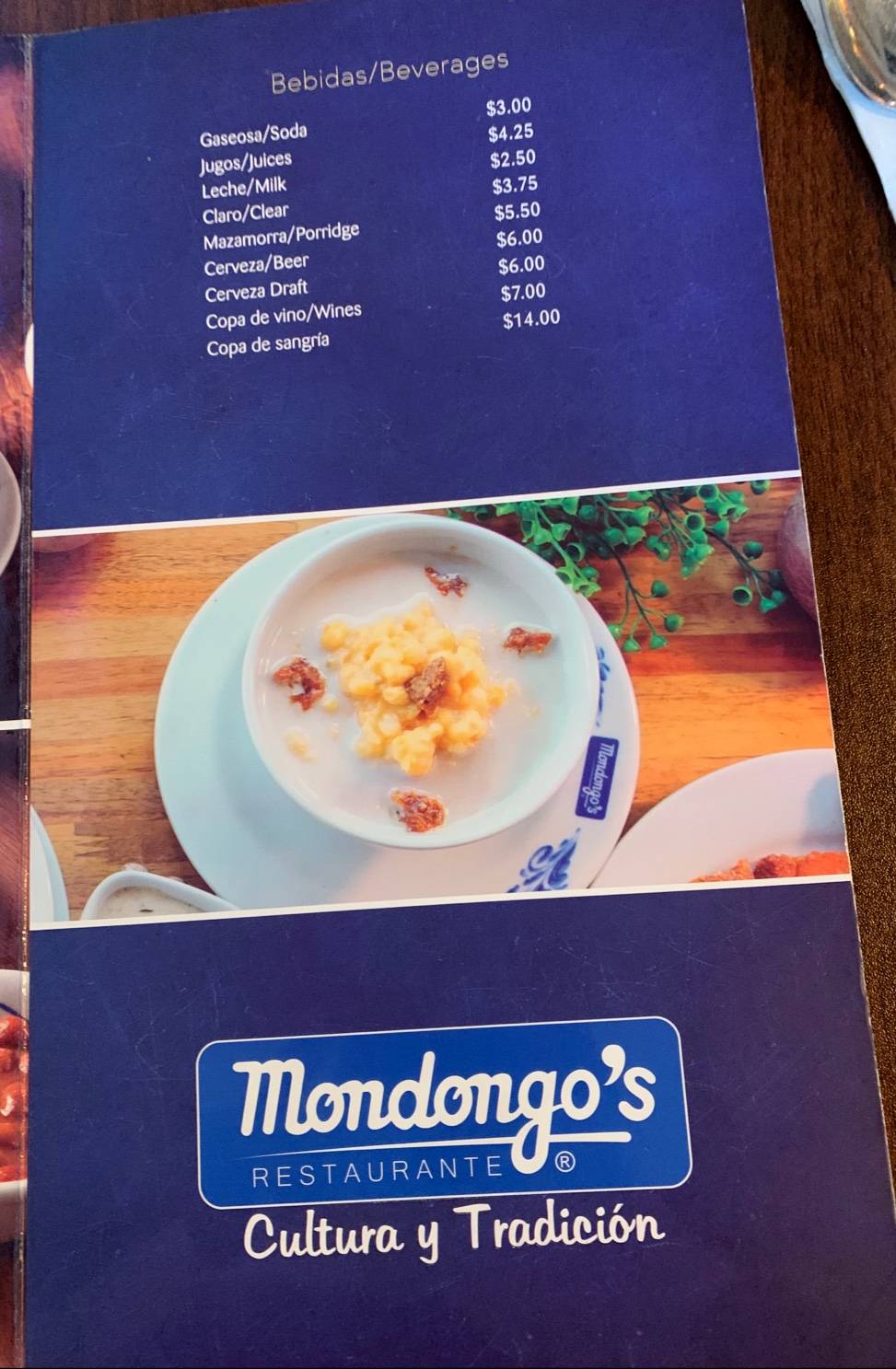 Carta de Mondongo's Restaurante, Doral