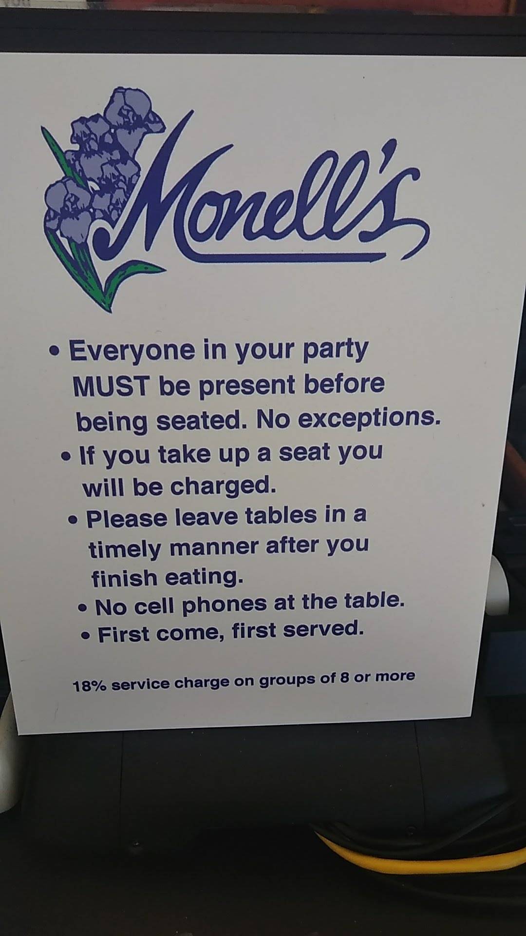 Menu at Monell's restaurant, Nashville, 6th Ave N
