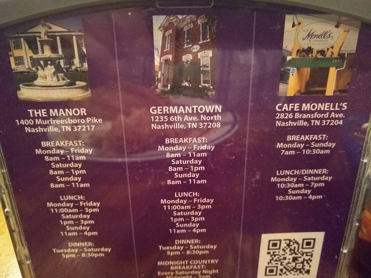 Menu at Monell's restaurant, Nashville, 6th Ave N