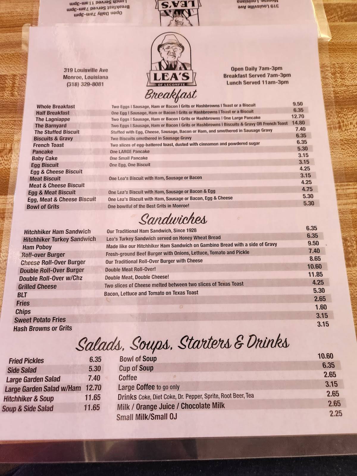 Menu at Lea's of Monroe cafe, Monroe