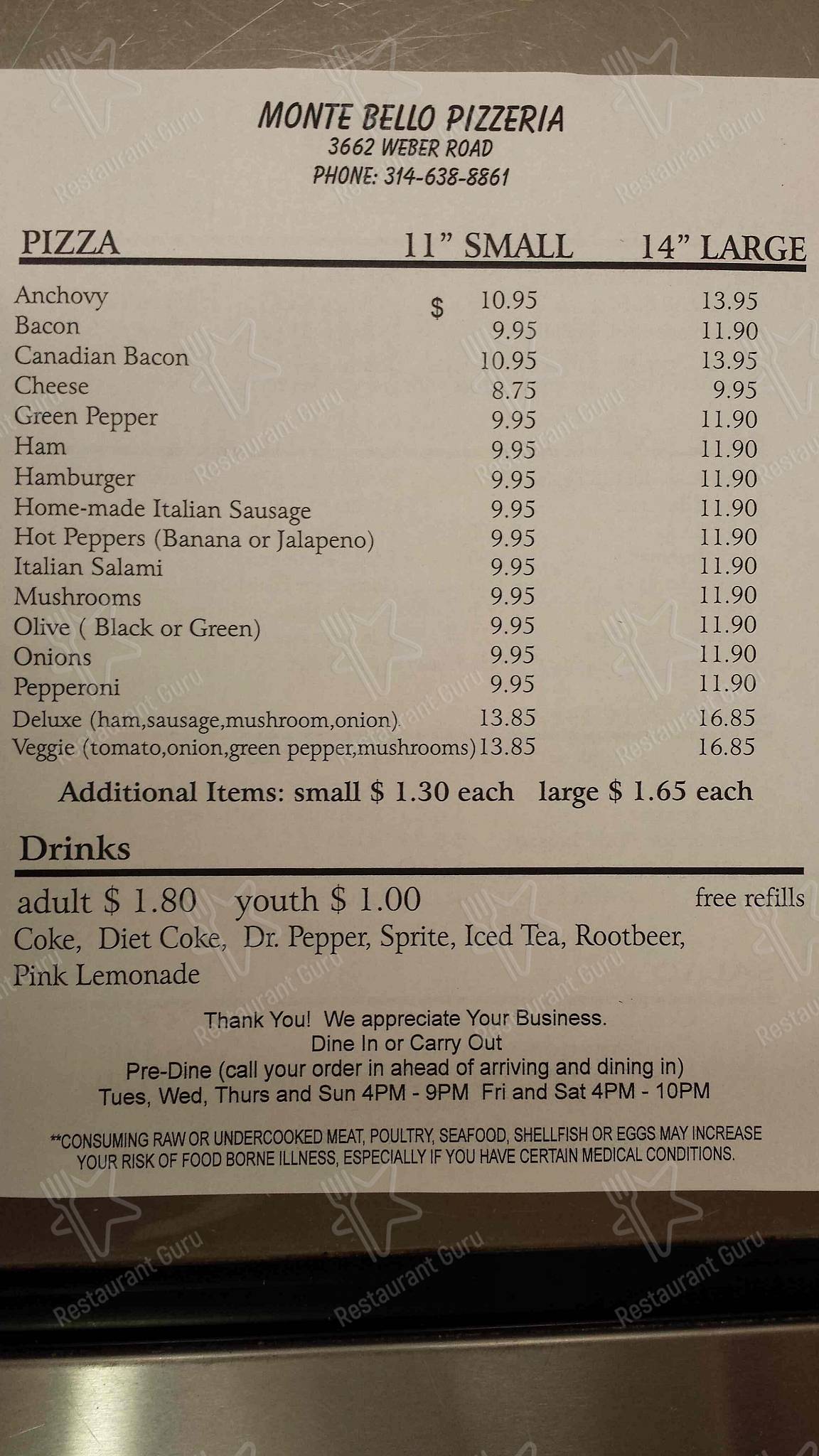 Menu at Monte Bello Pizzeria, Lemay