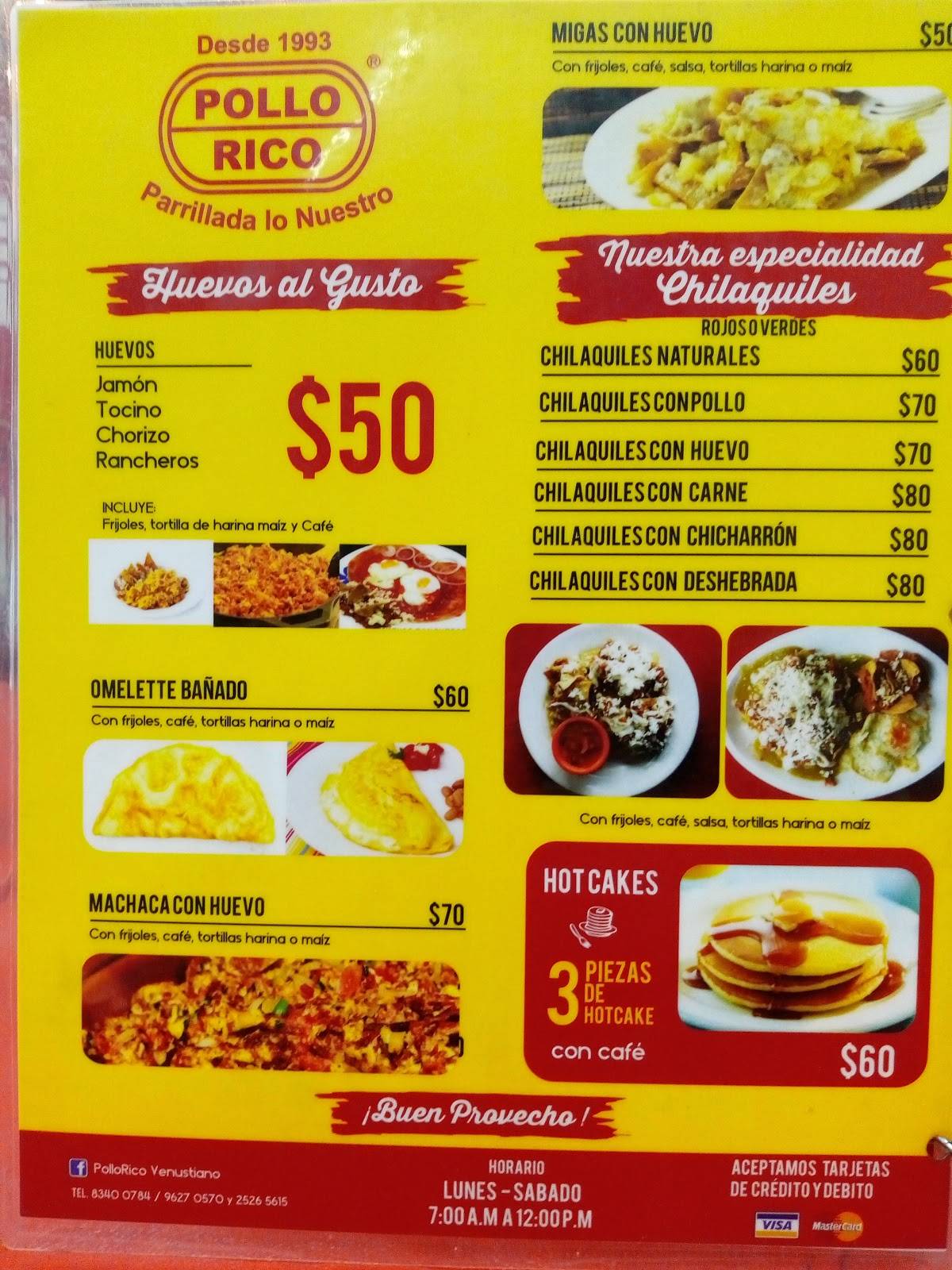 Carta del restaurante Pollo Rico Venustiano, Monterrey, C. Aramberri 1866