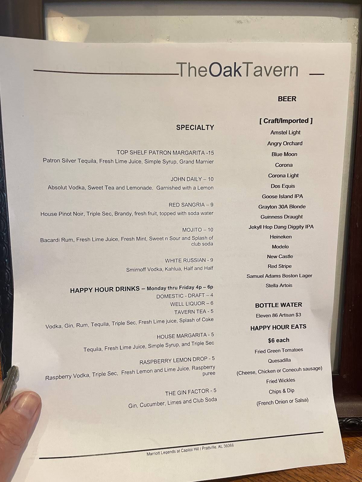 Menu at The Oak Tavern pub & bar, Prattville