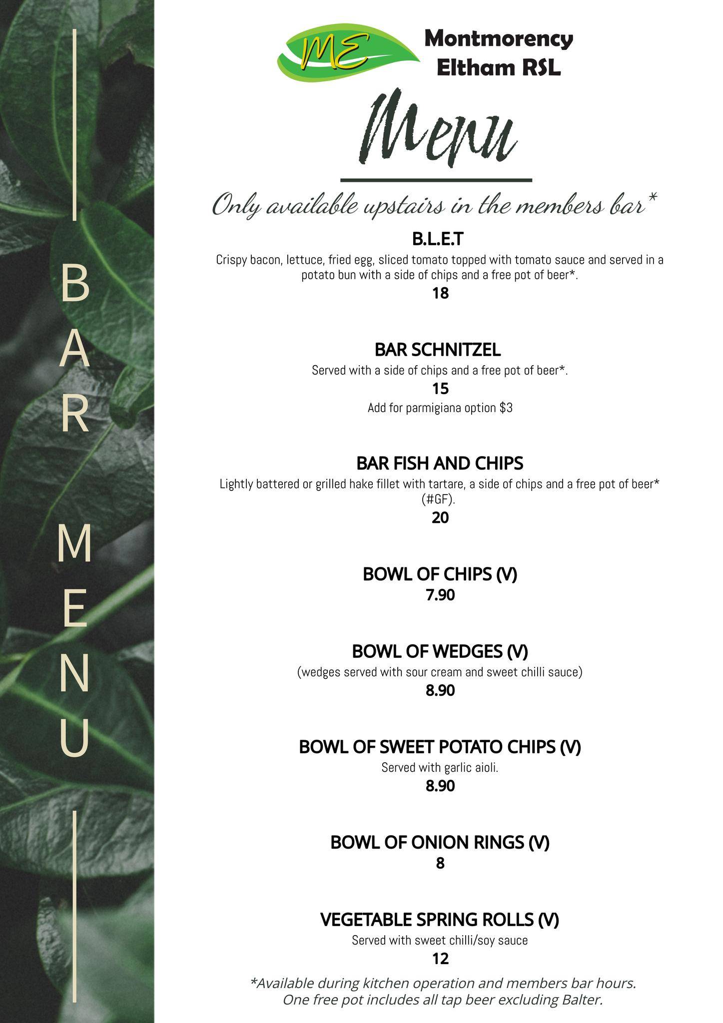 Menu at Montmorency and Eltham RSL restaurant, Montmorency