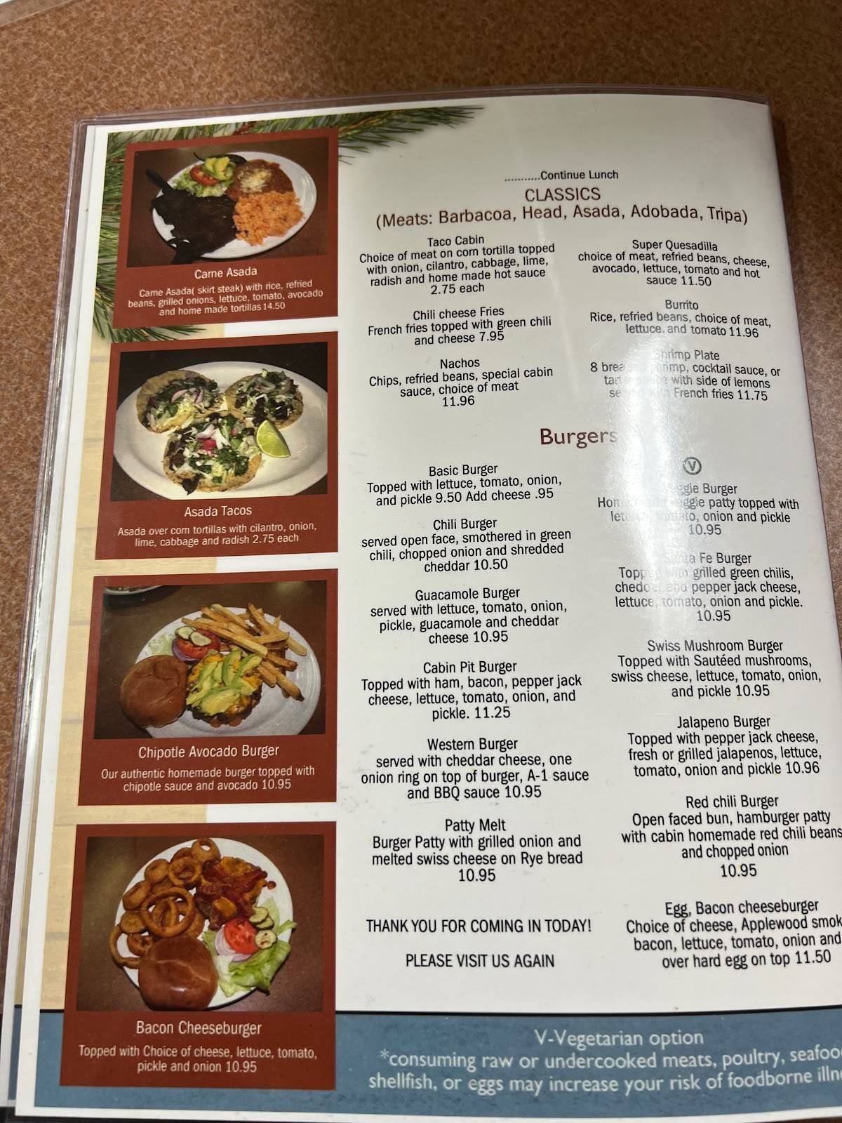 Menu at The Cabin Restaurant, Montrose