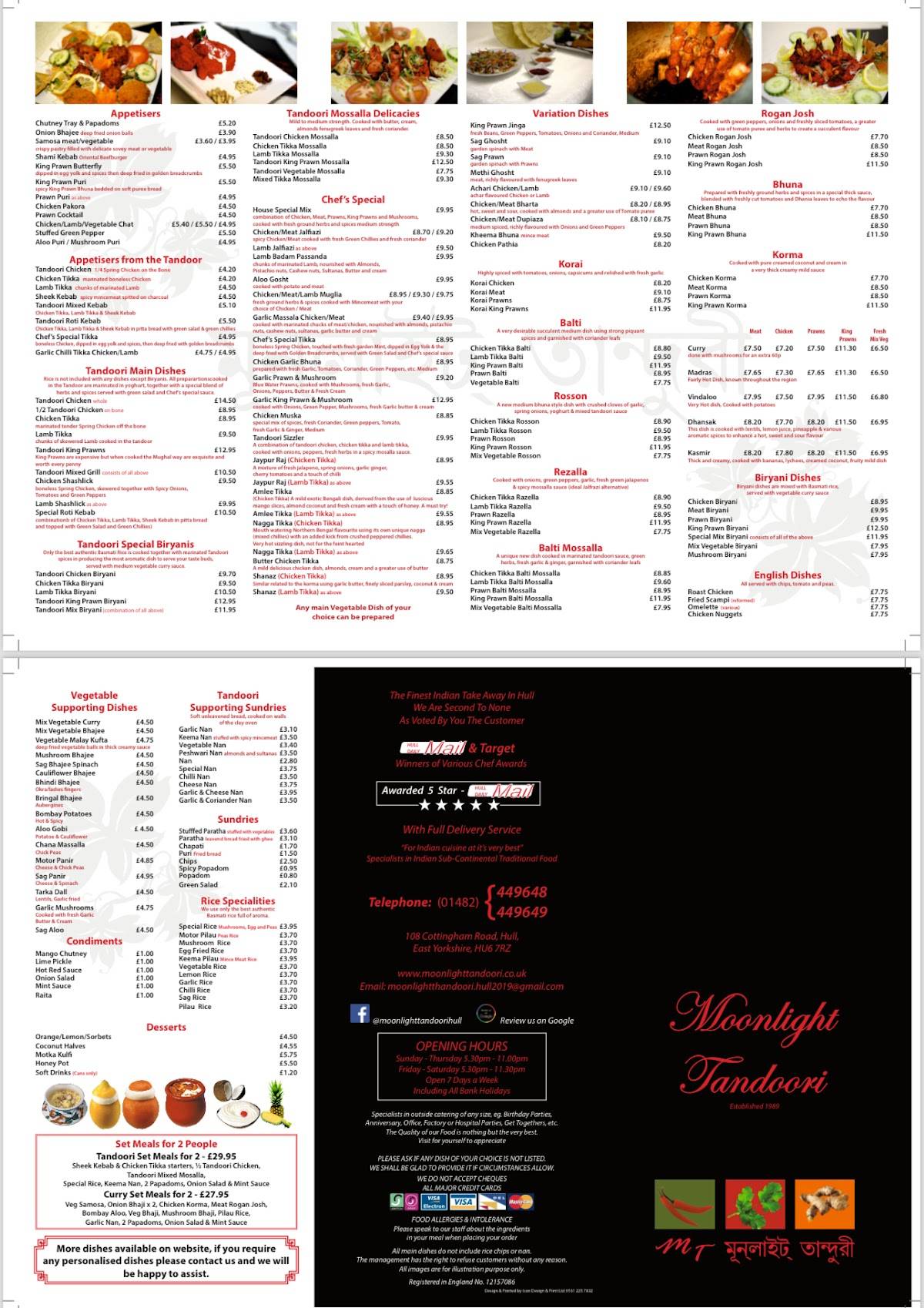 Menu at Moonlight Tandoori restaurant, Hull