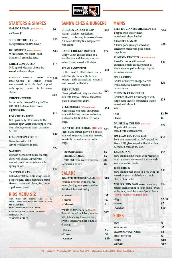 Menu at The Russell Inn Bar & Resturant, Morley