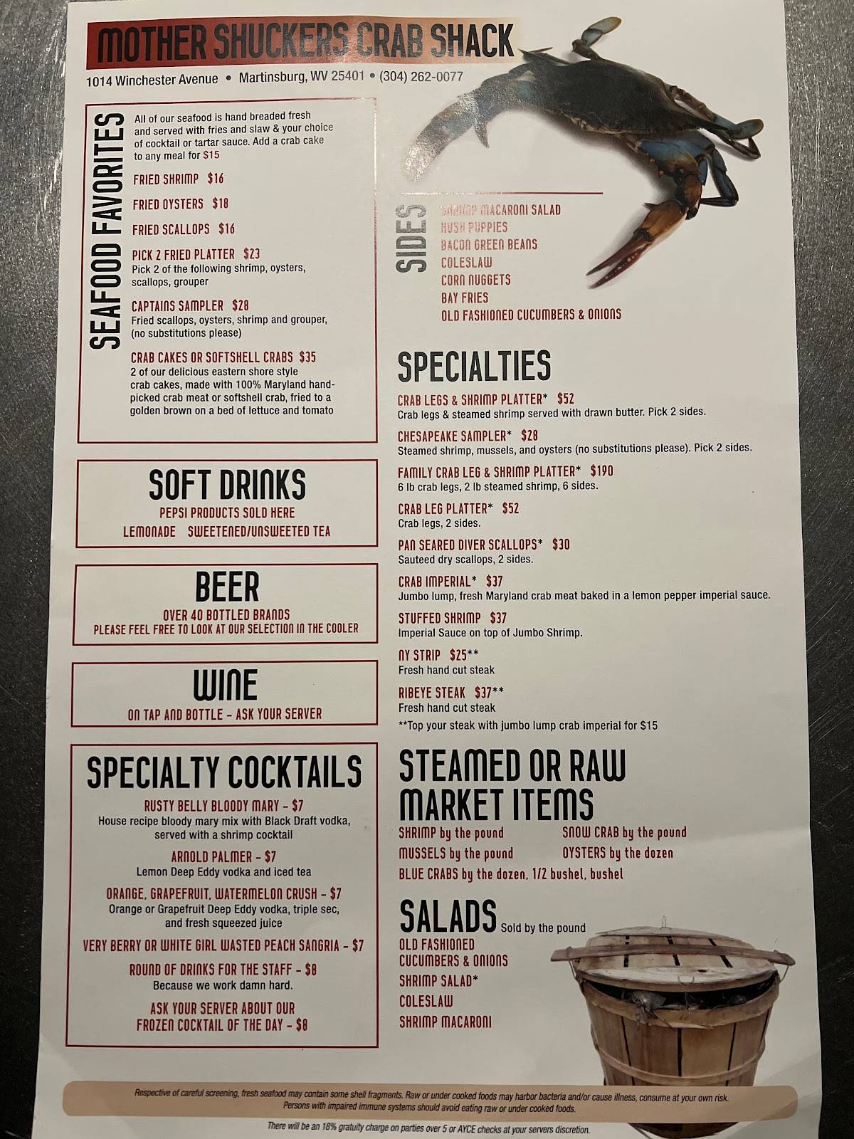 Menu at Mother Shuckers Crab Shack restaurant, Martinsburg