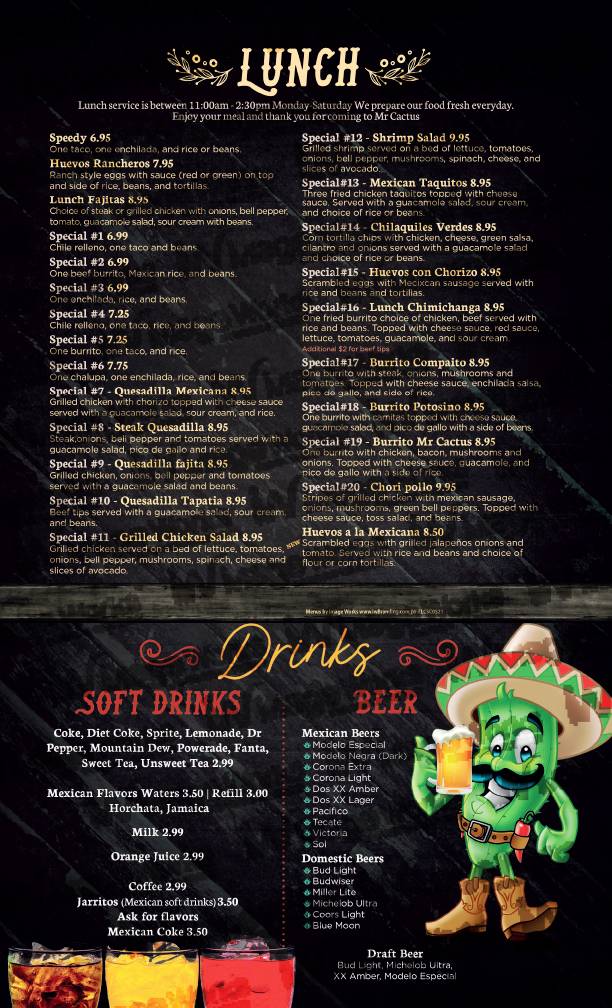 Menu at Mr. Cactus Mexican Kitchen restaurant, Easley