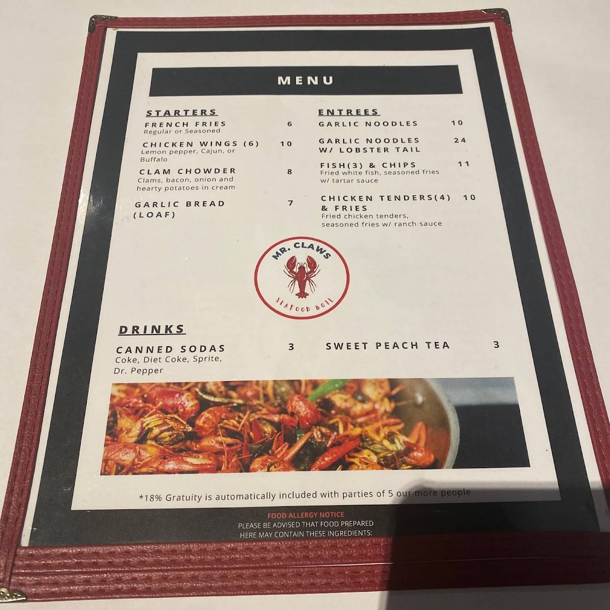 Menu at Mr. Claws restaurant, Cathedral City