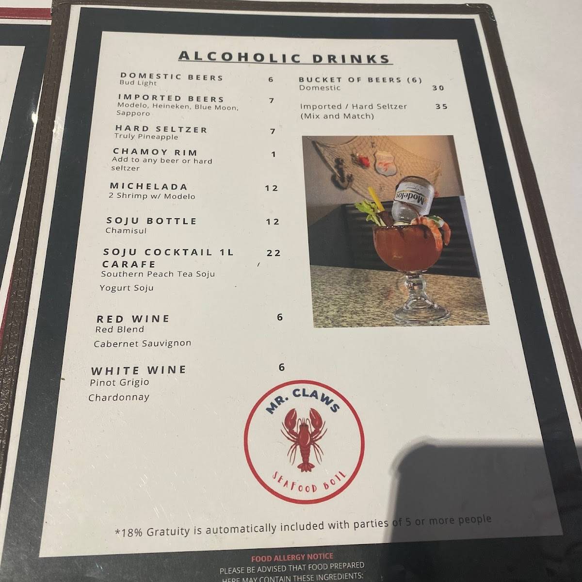 Menu at Mr. Claws restaurant, Cathedral City