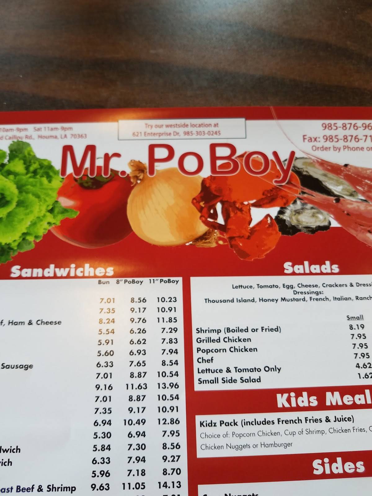 Menu at Mr. Po-Boy fast food, Houma, 860 Grand Caillou Rd