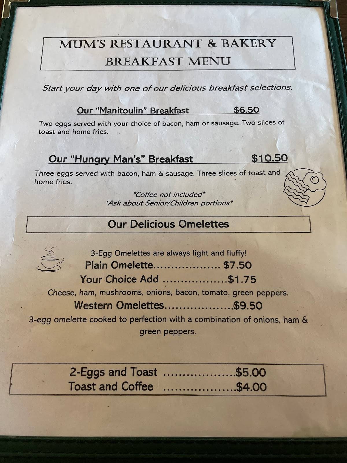 Menu at Mum's Restaurant & Bakery Inc, Mindemoya