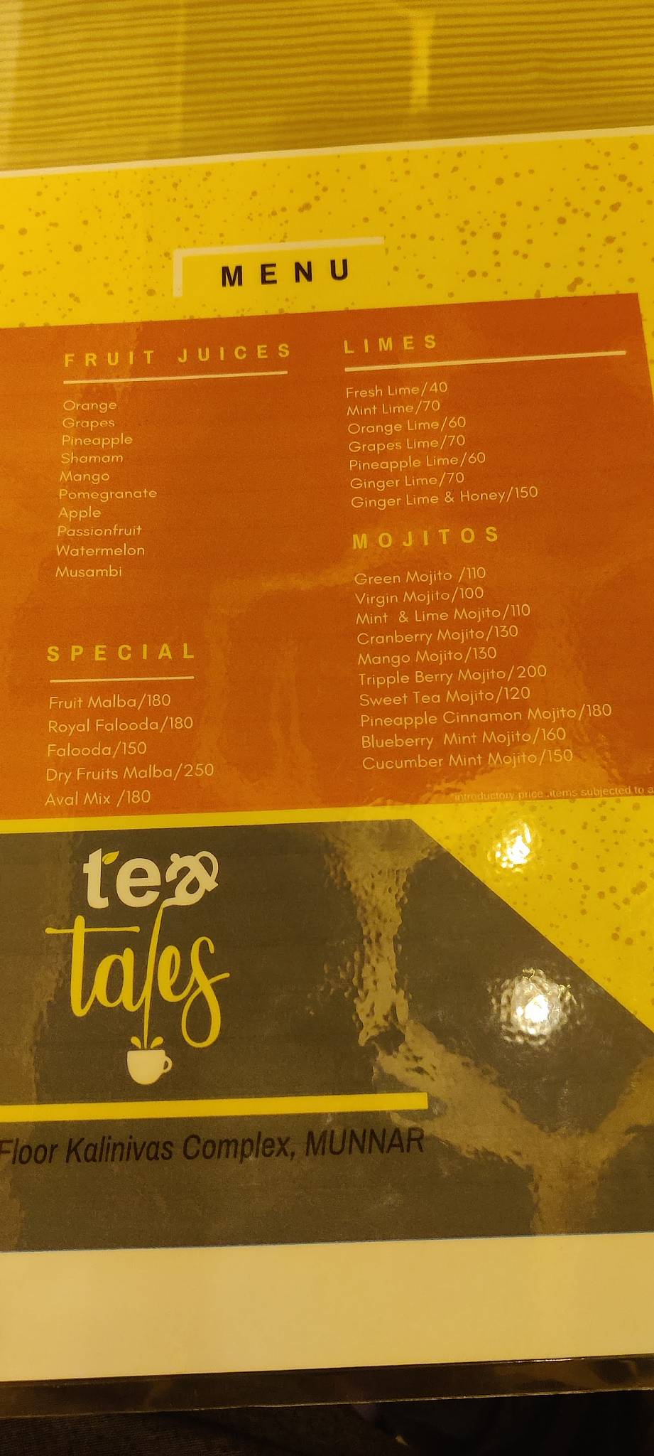 Menu at Tea Tales Cafe, Munnar