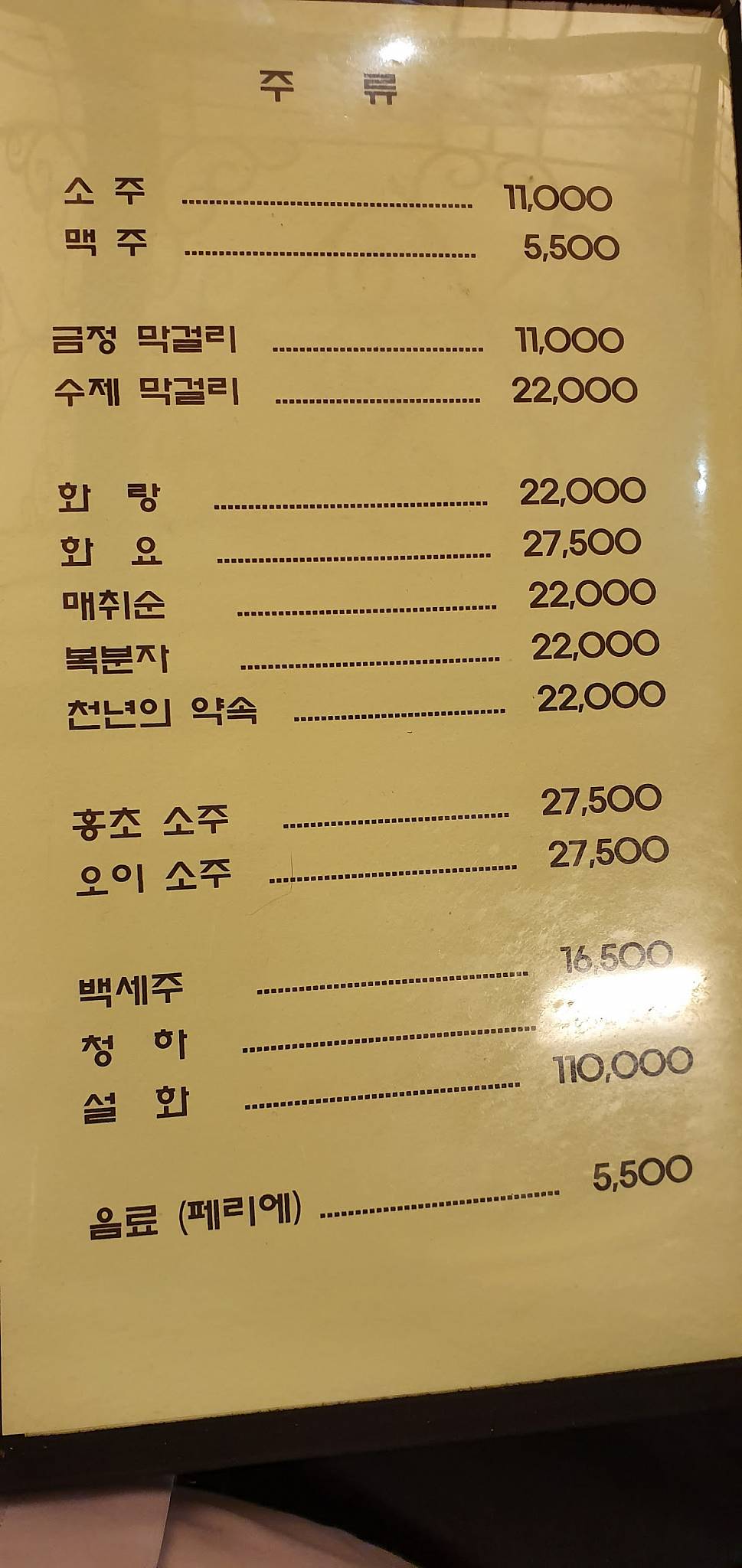Menu at Myeongseonheon restaurant, Seoul