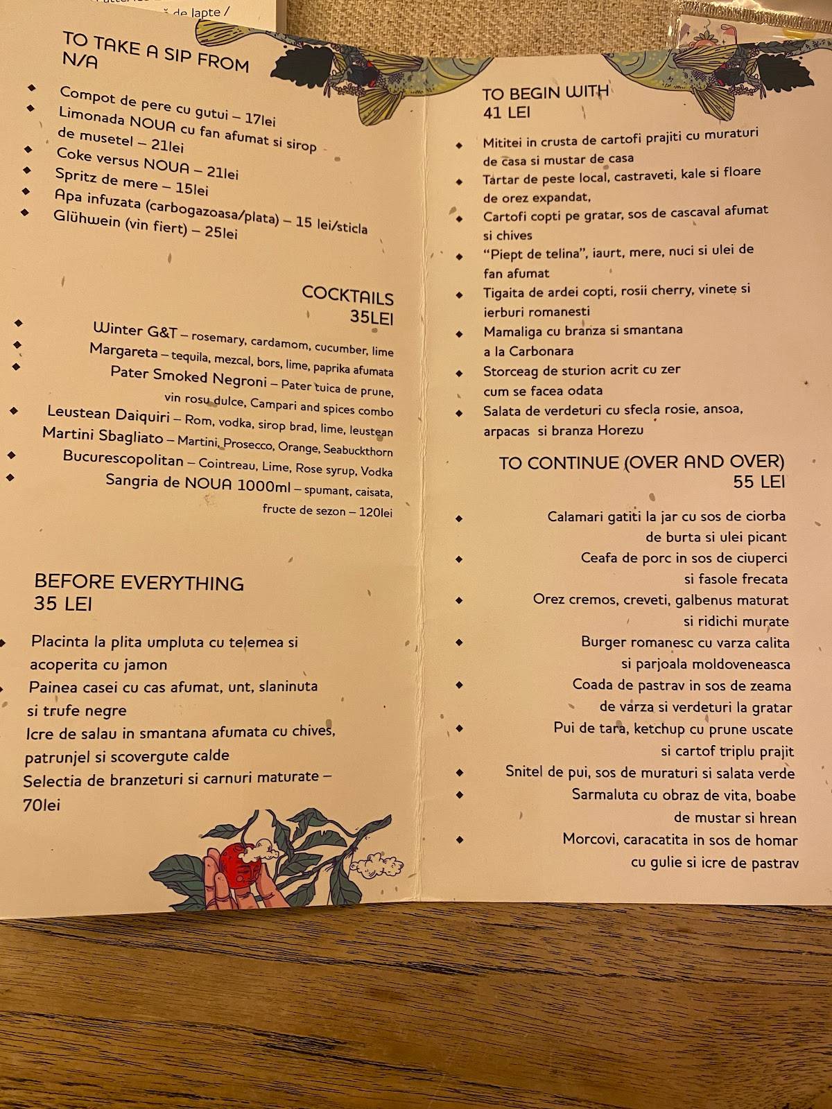 Menu at Noua B.A.R., Bucharest