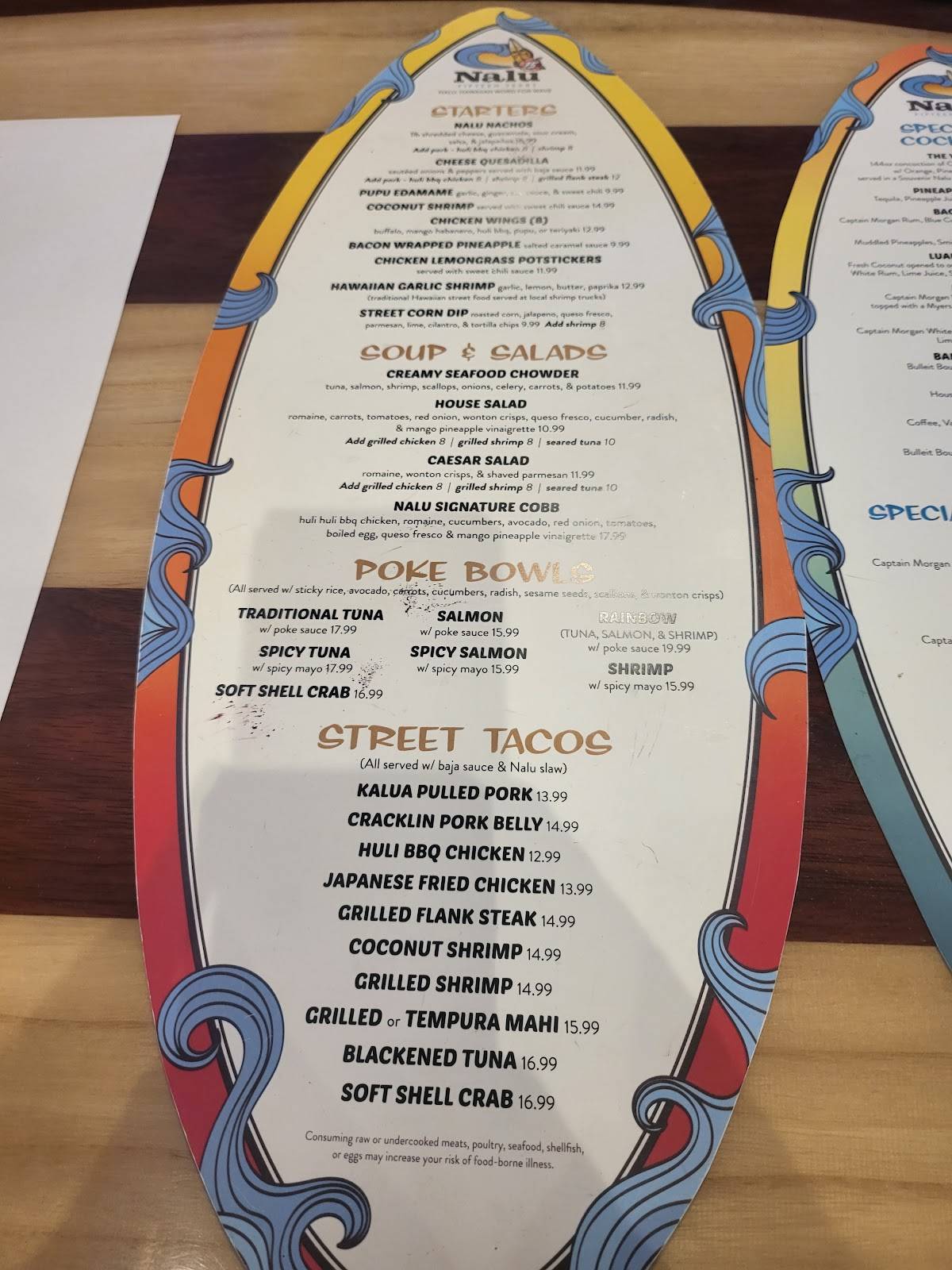 Menu at Nalu restaurant, Rehoboth Beach