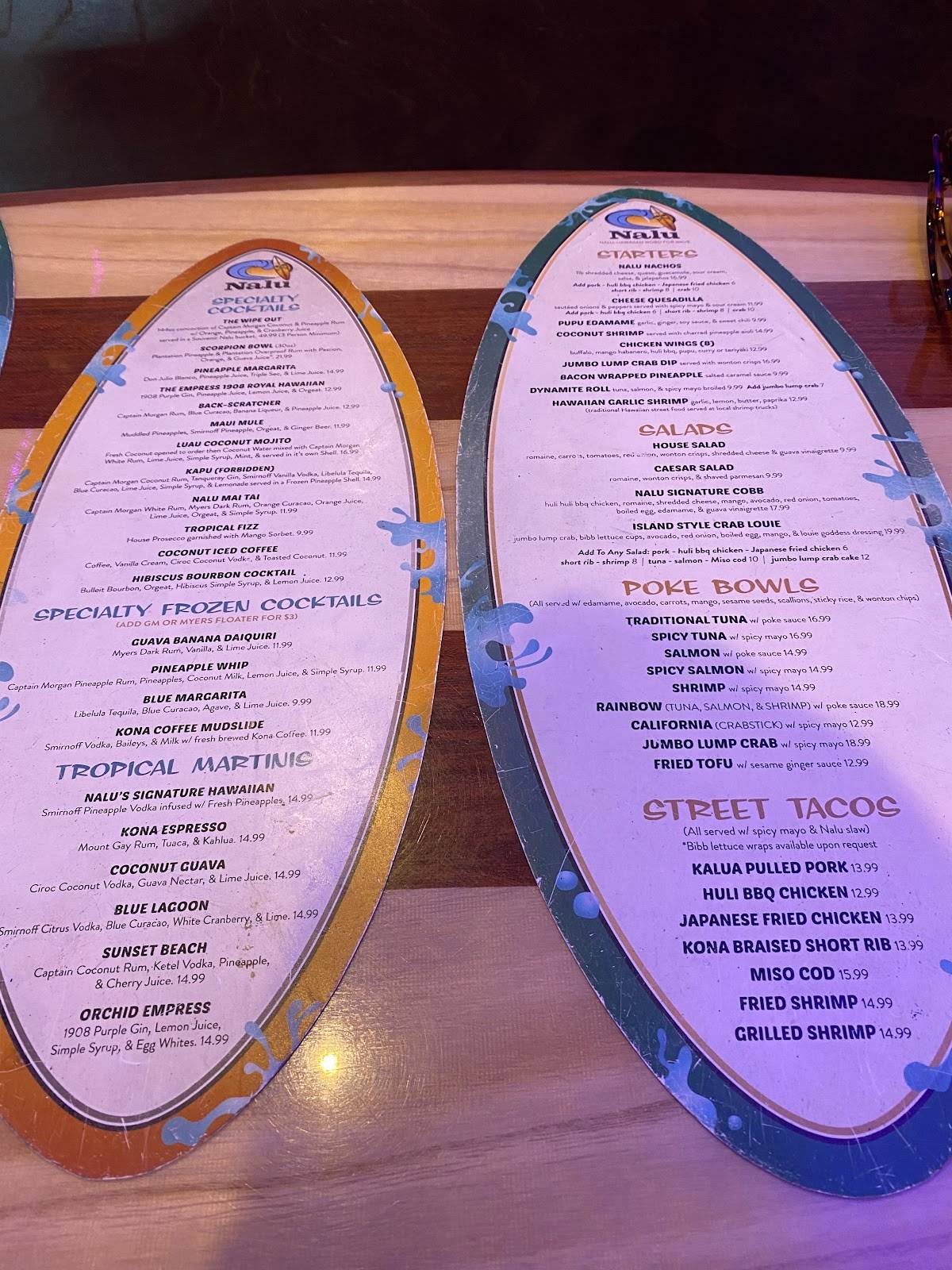 Menu at Nalu restaurant, Rehoboth Beach