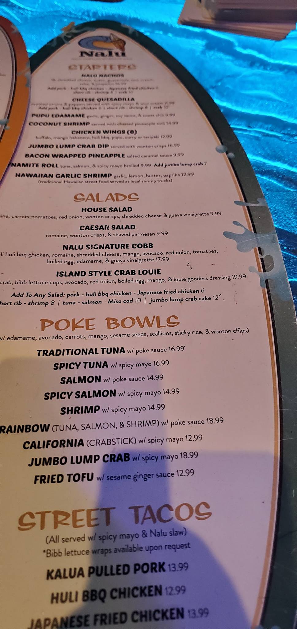Menu at Nalu restaurant, Rehoboth Beach