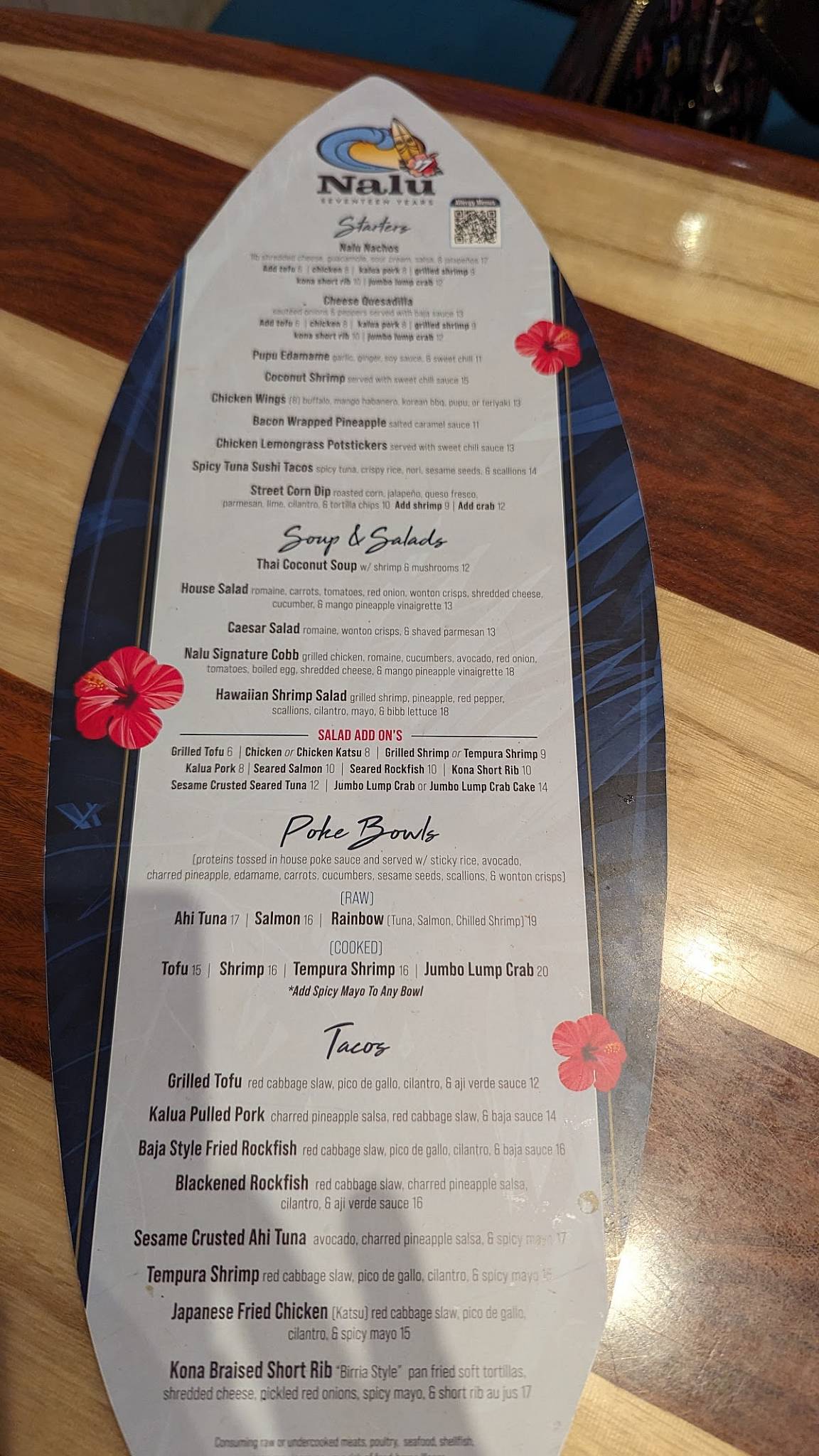 Menu at Nalu restaurant, Rehoboth Beach