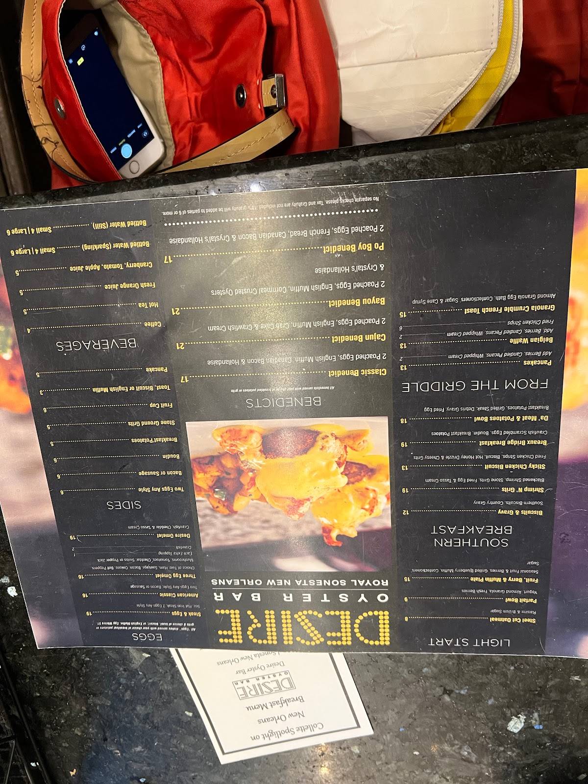 Menu at Desire Oyster Bar, New Orleans