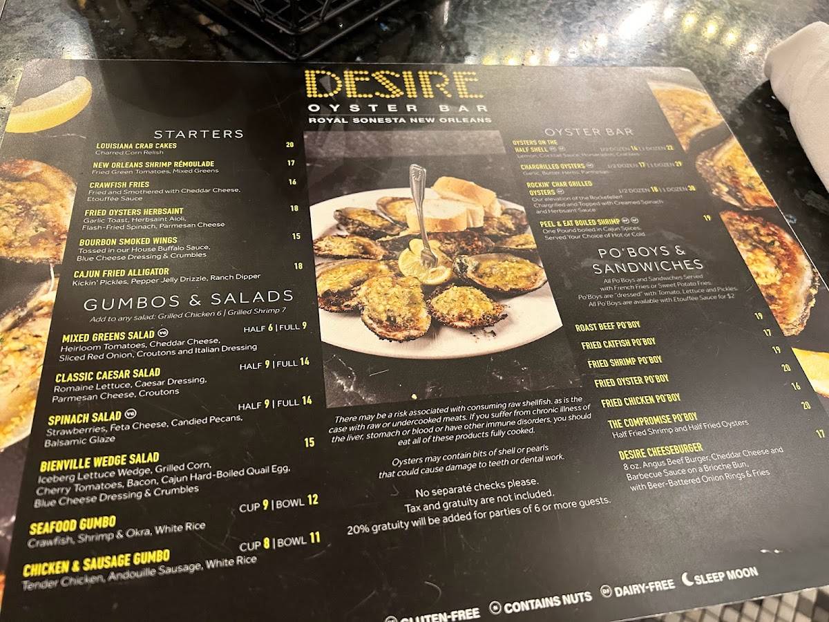 Menu at Desire Oyster Bar, New Orleans