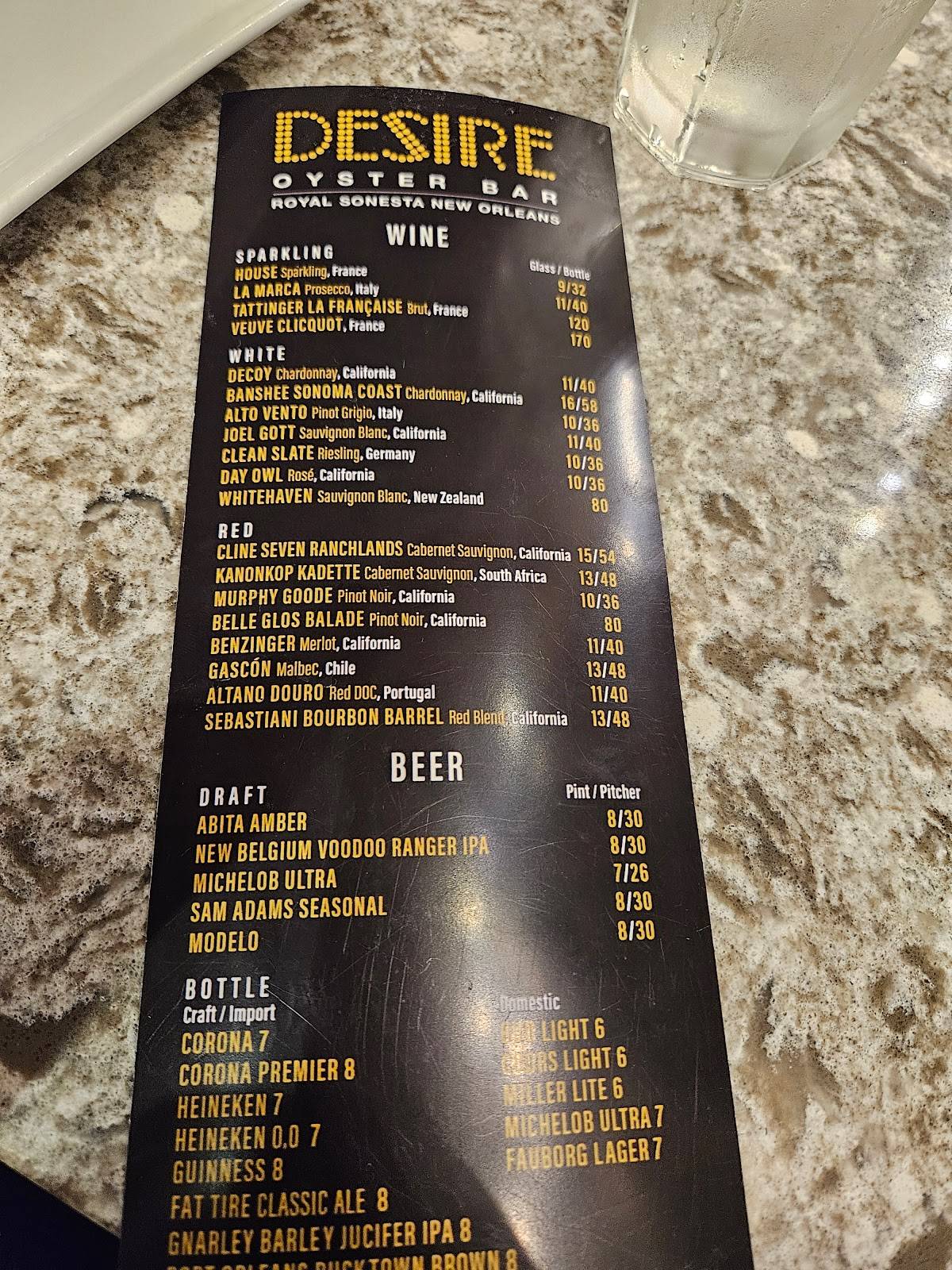 Menu at Desire Oyster Bar, New Orleans
