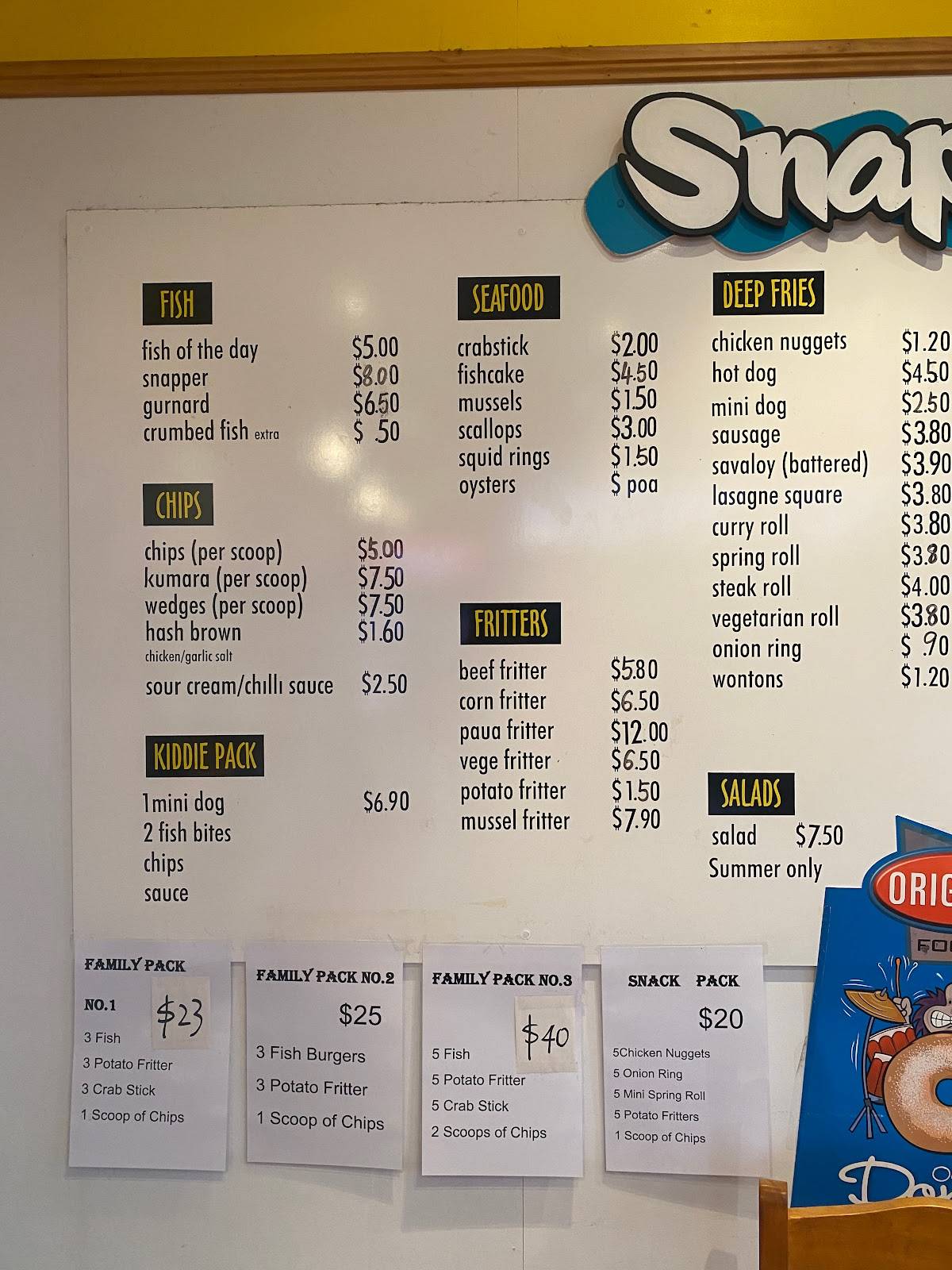 Menu at Snappers Fish and Chips restaurant, New Plymouth