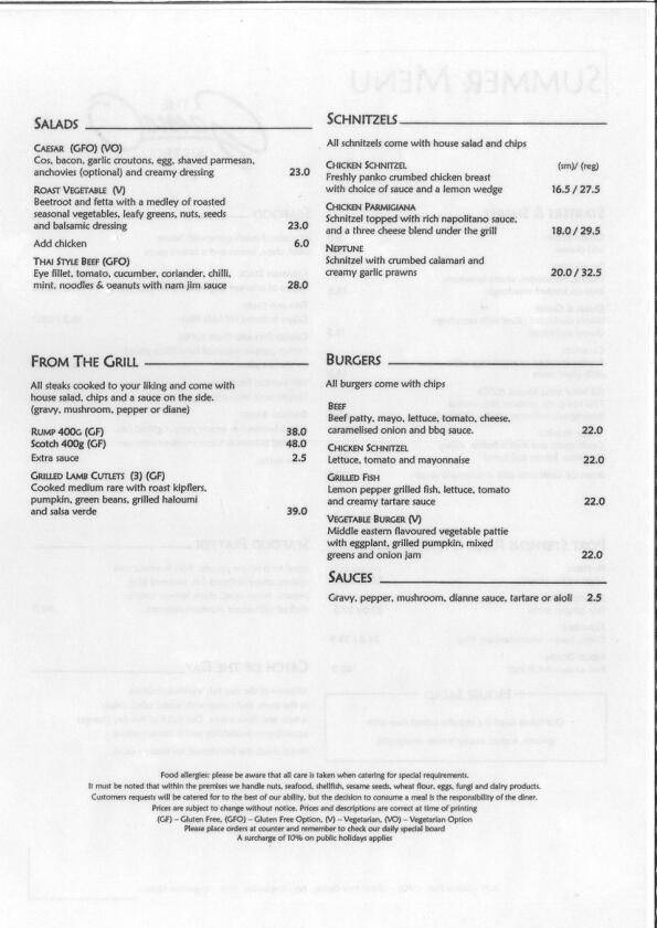 Menu at Newcastle & Port Stephens Game Fish Club, Shoal Bay