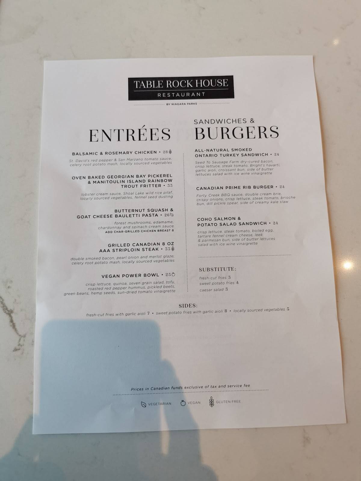Menu at Table Rock House Restaurant, Niagara Falls