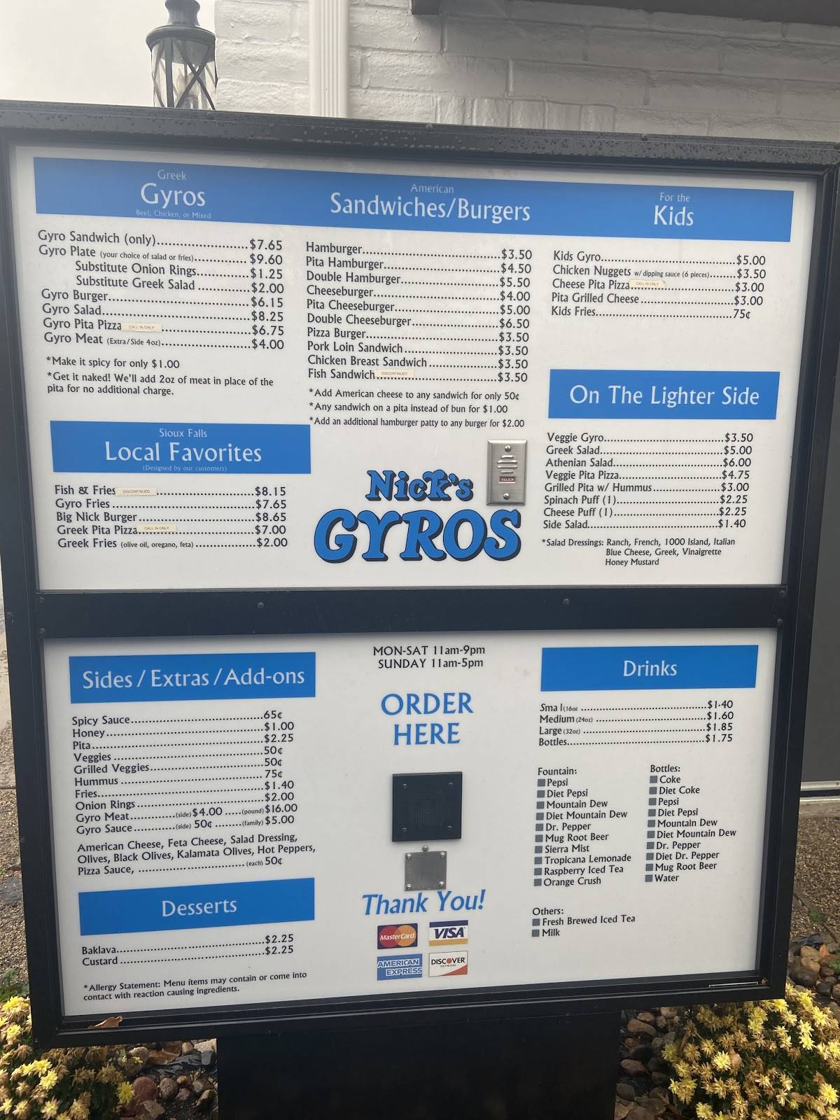 Menu at Nick's Gyros restaurant, Sioux Falls