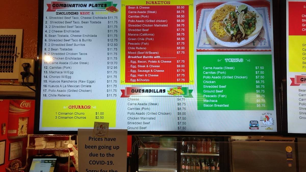 Menu at Nico's Mexican Food restaurant, Marana