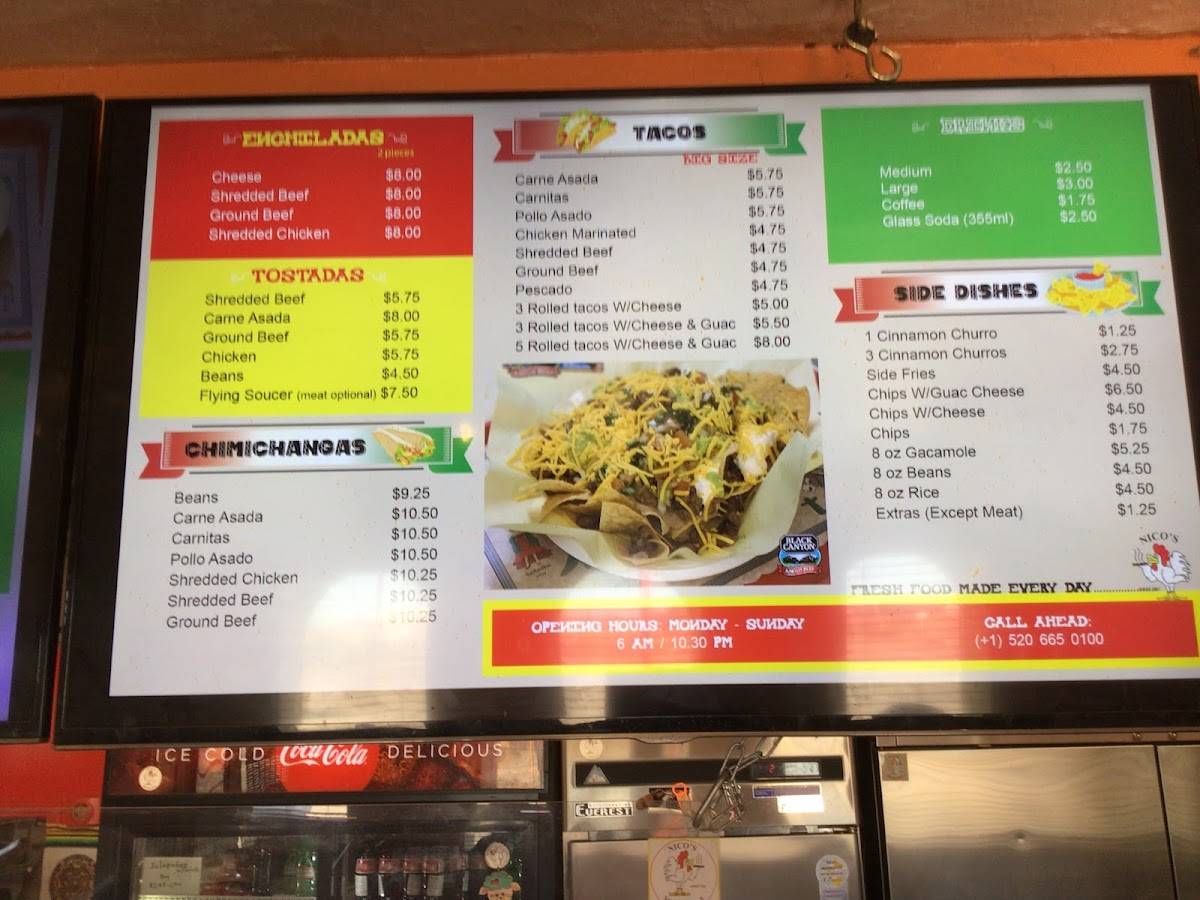 Menu at Nico's Mexican Food restaurant, Marana