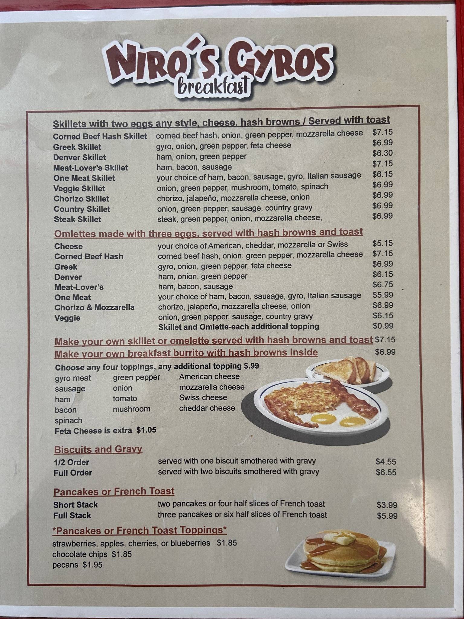 Menu at Niro's Gyros restaurant, Beecher
