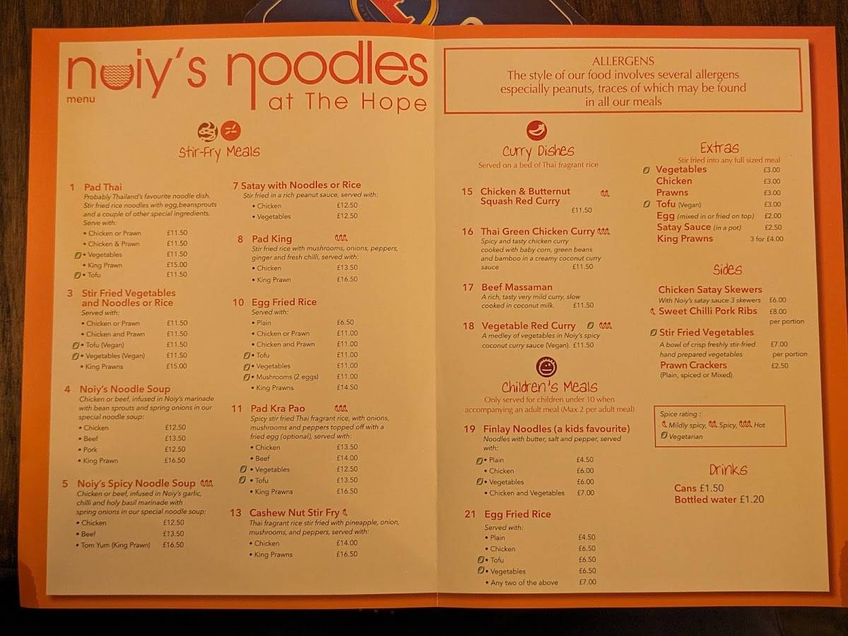 Menu at Noiy's Noodles at The Hope. restaurant, Hythe, 82 Stade St