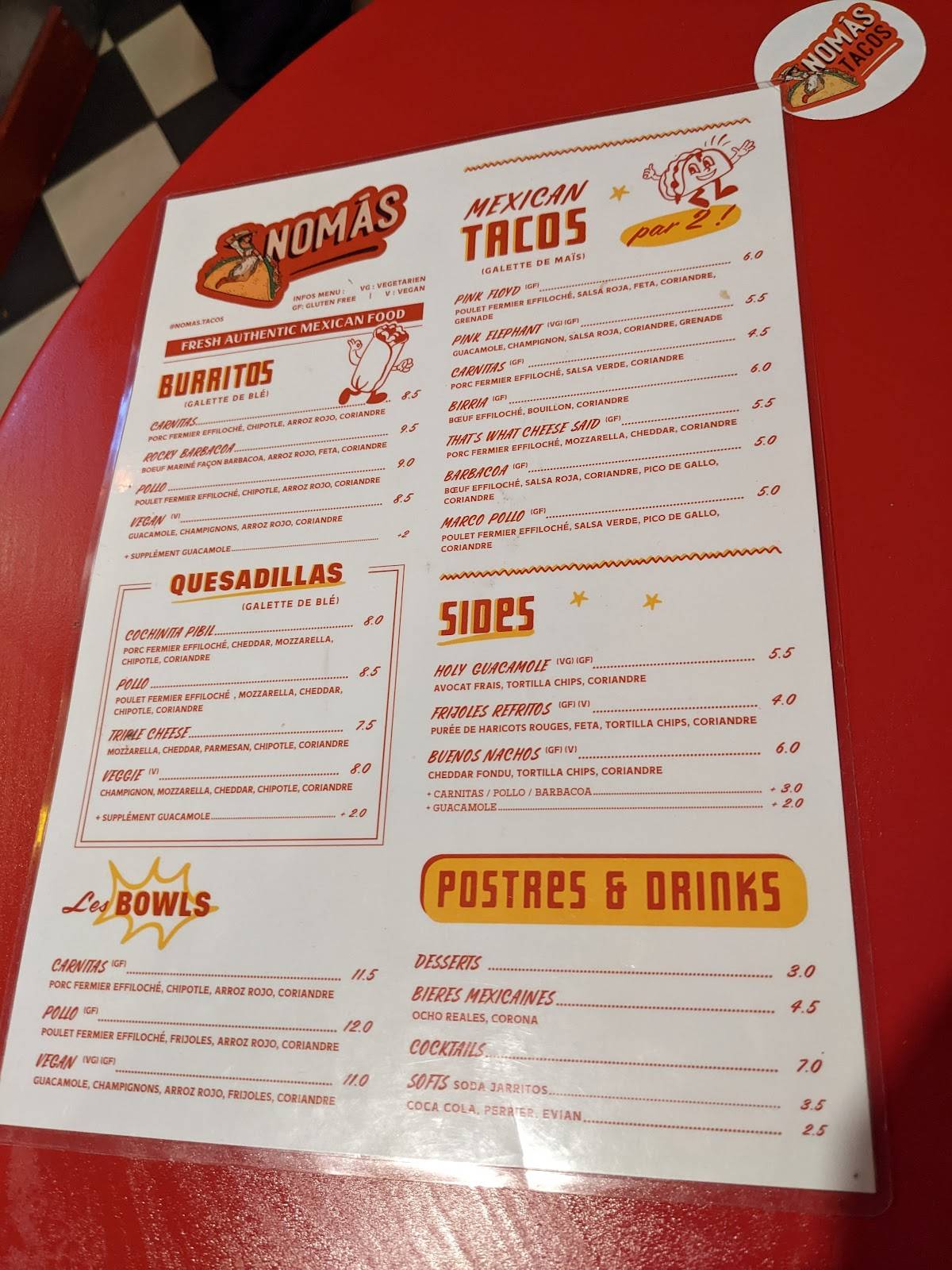 Menu au Nomás Paris 2 - Mexican Street Food restaurant, Paris