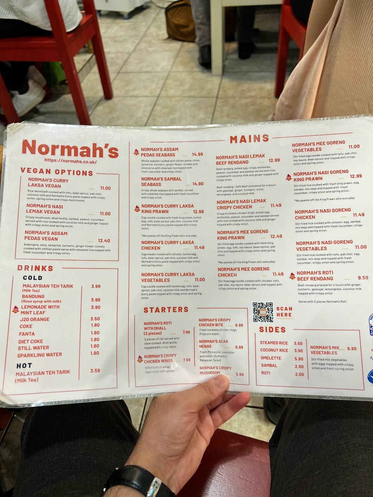 Menu at Normah's cafe, London
