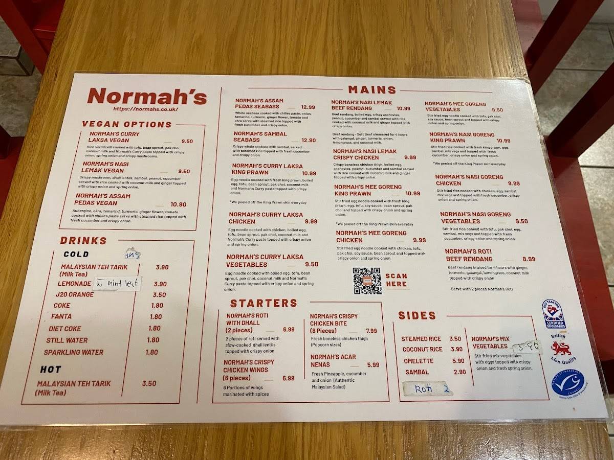 Menu at Normah's cafe, London