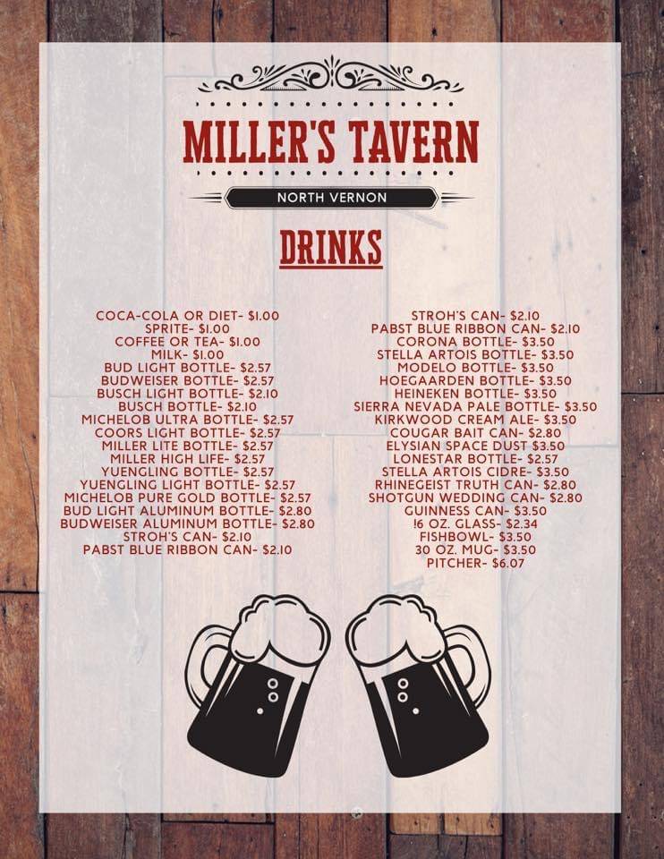 Menu at Miller's Tavern pub & bar, North Vernon